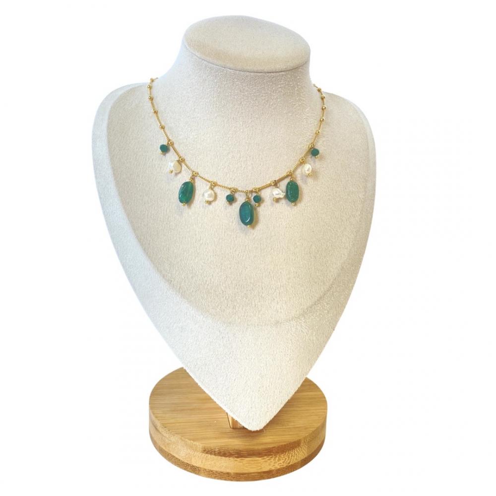 Colar corrente bolinha com pedras verdes e pérolas - BBeauty Brazil